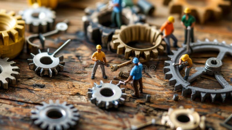 Miniature People Working on Gears Stock Photo - Image of industrial ...