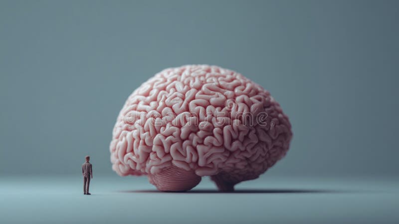 A Miniature Person Stands Facing a Giant Brain, a Visual Representation ...