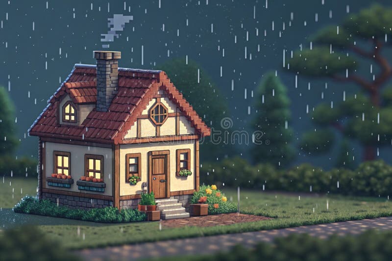 Miniature Pixel Art House in Rain - Generated by Ai Stock Illustration ...