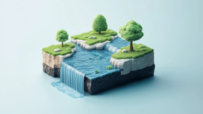 Miniature Pixel Art Landscape with Waterfall Stock Illustration ...