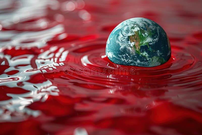 Miniature Planet Earth Floating in Red Liquid Symbolizing Environmental Concerns and Climate ...