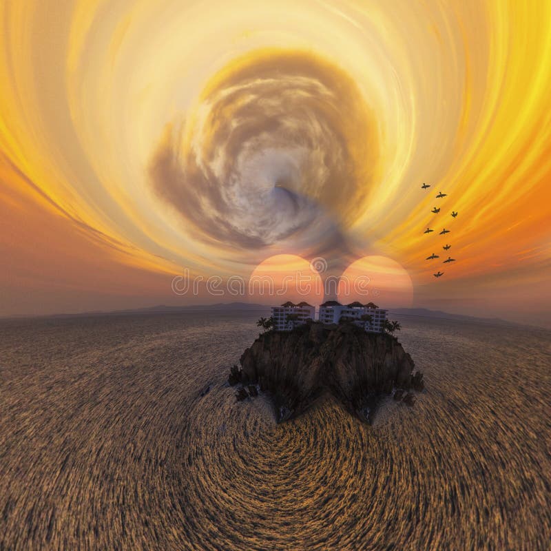 Miniature Planet at Sunset Two Suns and the Sea Rolling the Planet ...