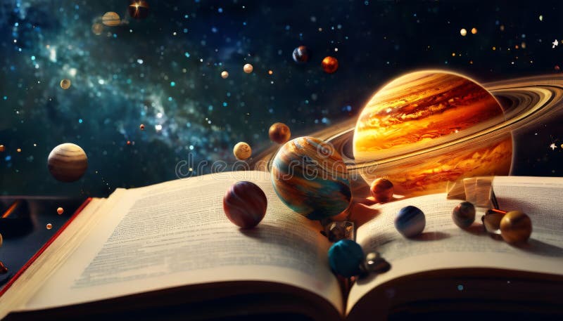 Miniature Planets Emerging from an Open Book in Space Stock Photo ...