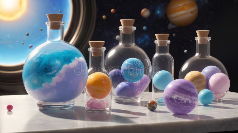 Miniature Planets in Glass Bottles Stock Illustration - Illustration of ...