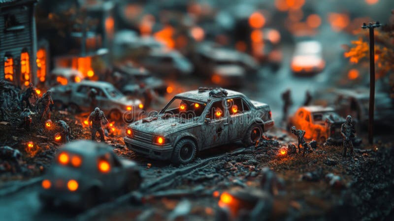 Miniature Post Apocalyptic City Diorama at Night Stock Illustration ...