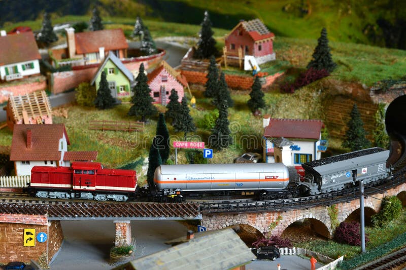 Miniature Railway Model with Model Freight Train on a Mountains ...