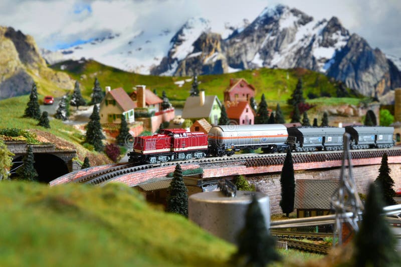Miniature Railway Model with Model Freight Train on a Mountains ...