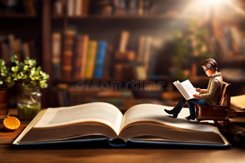 Miniature Reader in Cozy Library Stock Illustration - Illustration of ...