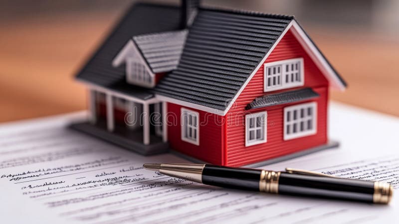 Miniature Red House Model with Pen on a Real Estate Contract Stock ...