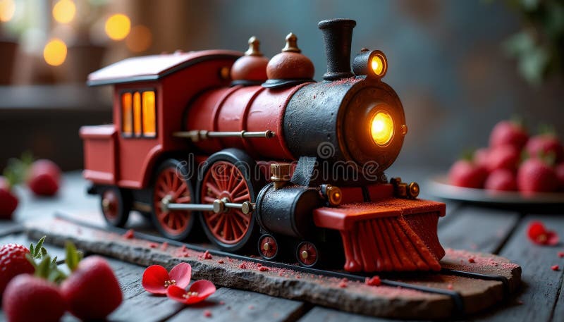 Miniature Red Train Engine with Strawberries and Petals. Stock ...