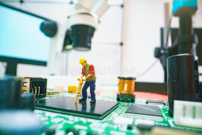 Miniature Repair Man on Mainboard, Miniature Figure of Worker Team Try ...