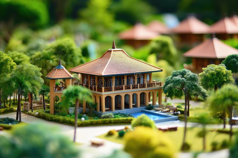 Miniature Resort Facility Model Shows Tropical House with Pool ...