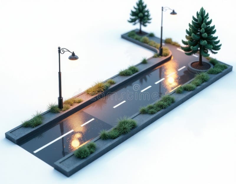 Miniature Road with Streetlights and Trees - 3D Render Stock ...