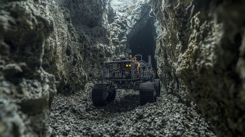 Miniature Robot Exploring Narrow Cave Underground Closeup Mysterious ...