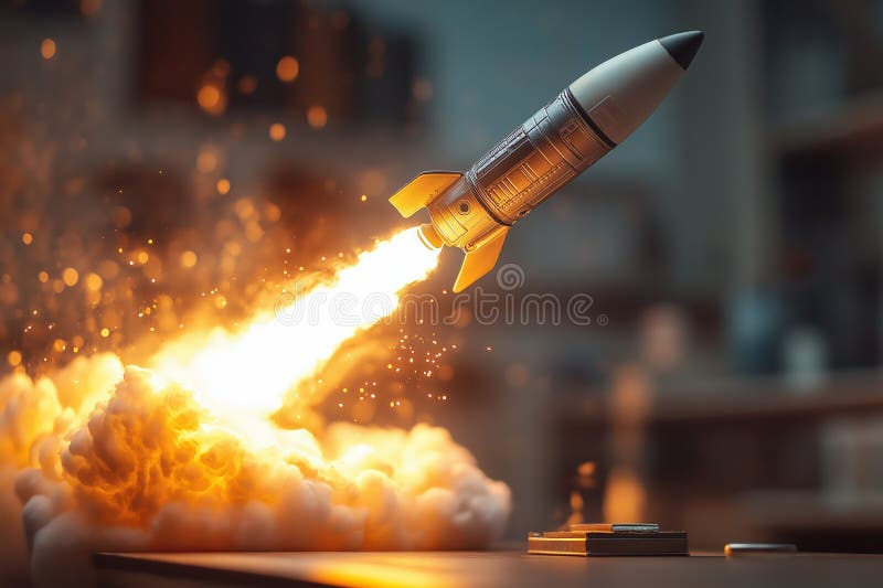 Miniature Rocket Launching from Tabletop Creating Fiery Blast and Smoke ...