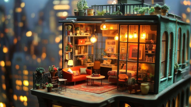 Miniature Rooftop Apartment at Night with City Lights Stock ...