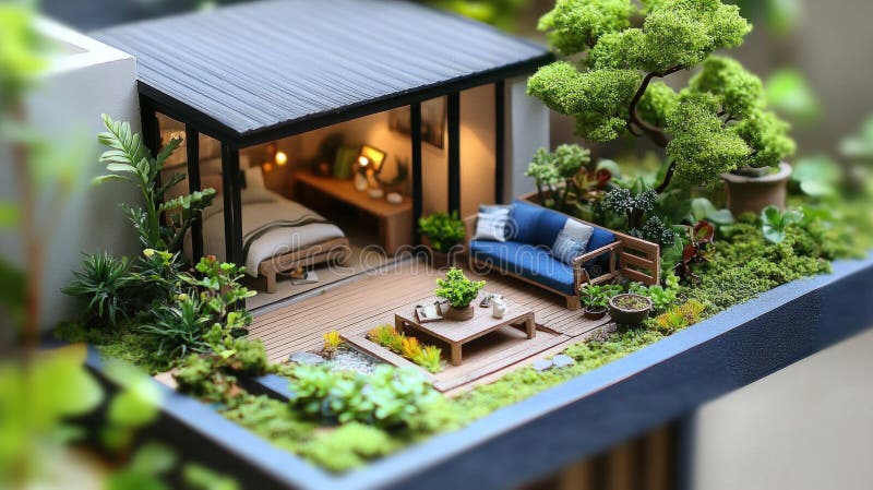 Miniature Rooftop Garden with Modern House Model Stock Illustration ...