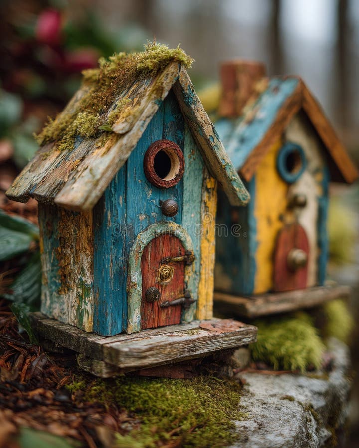 Miniature Rustic Birdhouses in Mossy Garden Setting Stock Illustration ...