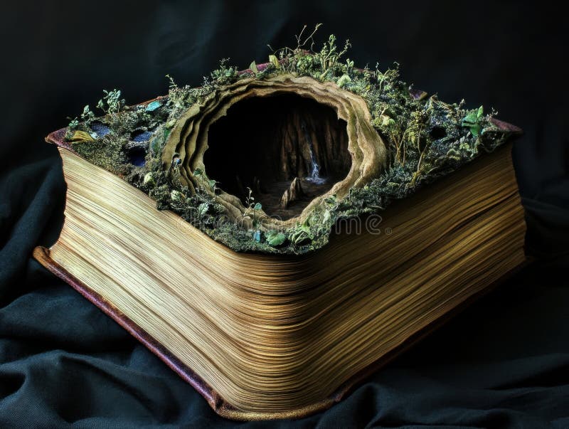 A Miniature Scene of a Cave Opening within the Pages of an Old, Worn ...