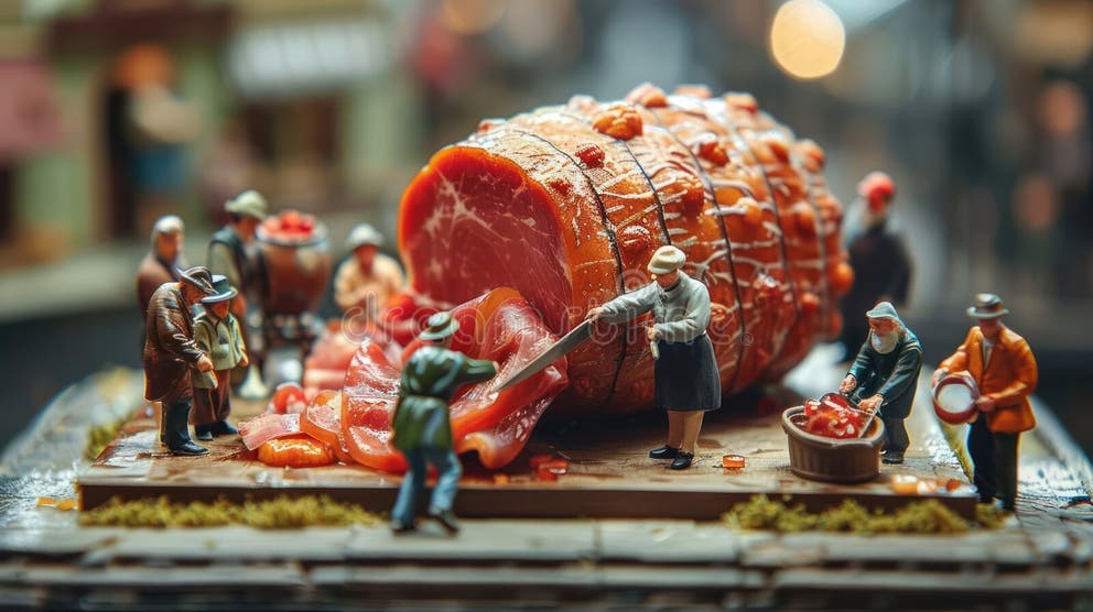 Miniature People Slicing Giant Ham: a Delicious Food Scene Stock ...