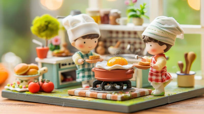 Adorable Miniature Chefs Cooking Sunny-Side Up Eggs in a Toy Kitchen ...