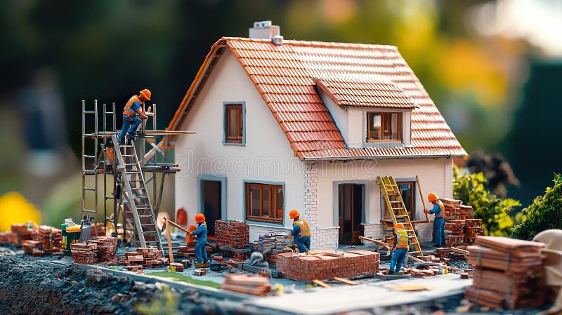 Miniature Scene Where we See Construction Workers Finishing Building a ...