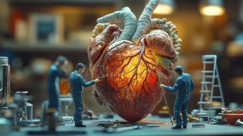 Miniature Scientists Analyzing a Giant Anatomical Heart Model in a ...