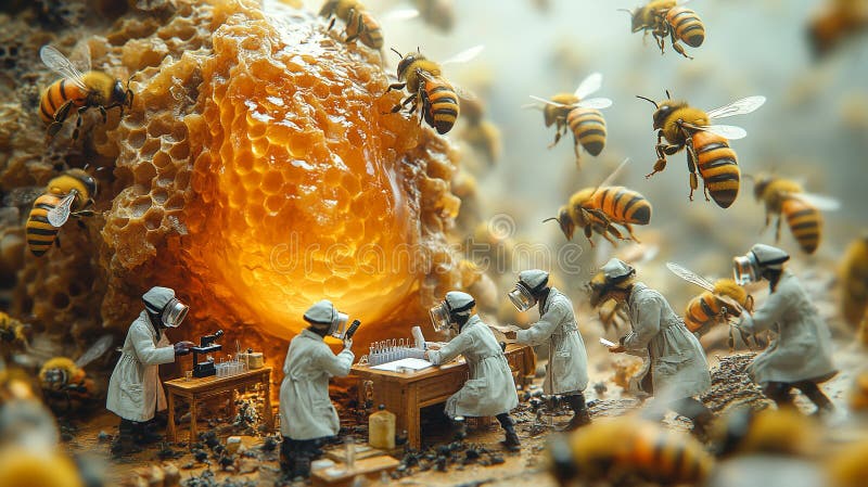 Miniature Scientists Analyzing Giant Honey Droplet in Surreal Lab with ...