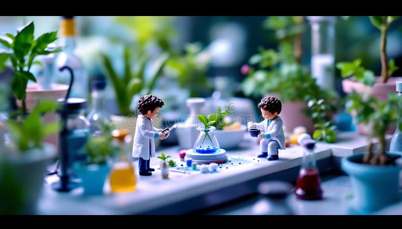 Miniature Scientists Studying Plant Growth in Lab Stock Illustration ...