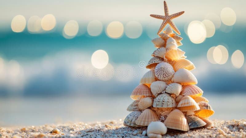 A Miniature Seashell Christmas Tree on the Shore, Featuring a Sunset ...
