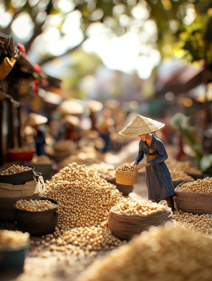 In a Miniature Setting, Farmers Harvest Grains with a Warehouse Behind Them Stock Image - Image ...
