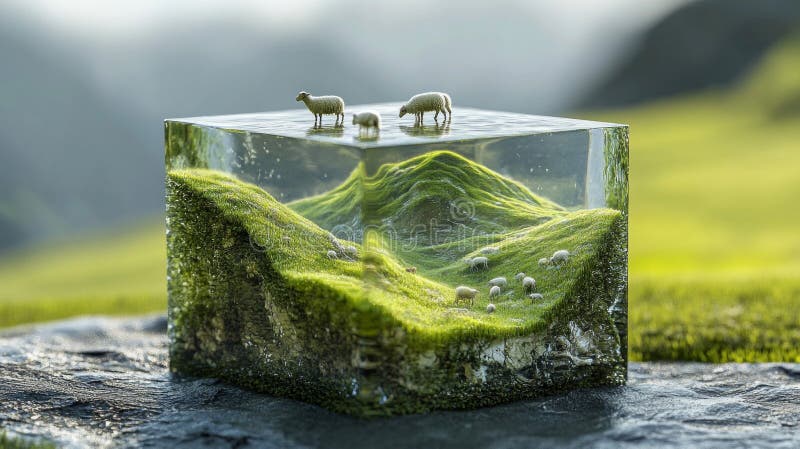 Miniature Sheep in a Glass Cube Landscape Stock Illustration ...