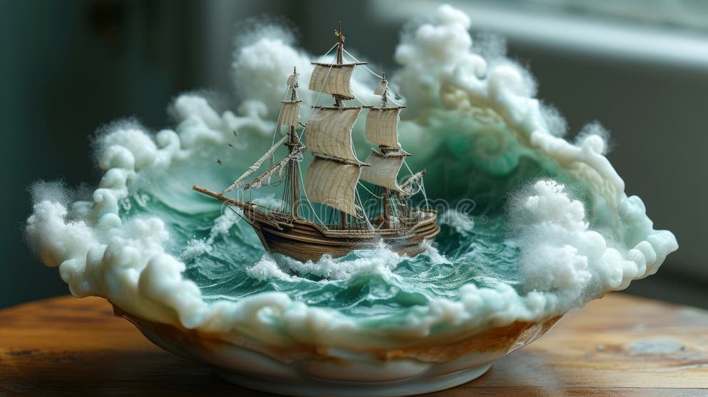 Miniature Ship Model in a Seashell with Cotton Wool Clouds Stock Image ...