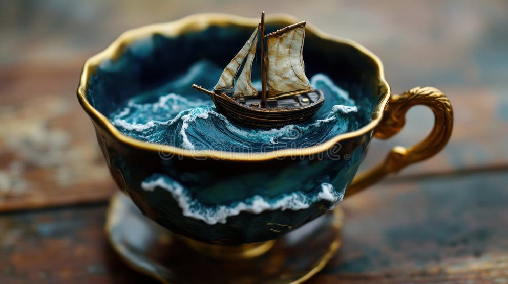 Miniature ship in a teacup stock photo. Image of studio - 392377562
