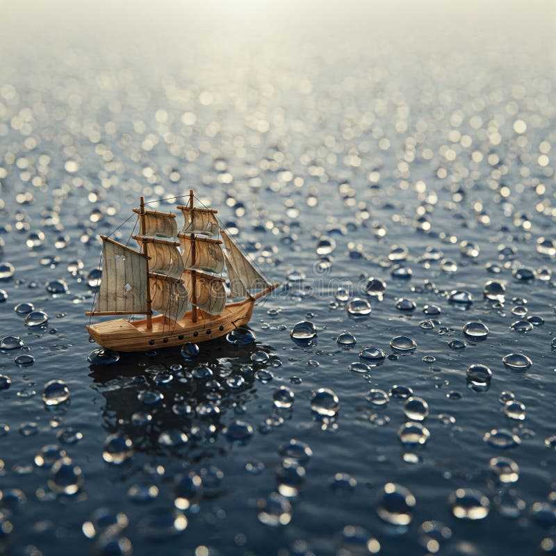 A Miniature Ship on the Water with Drops. Stock Image - Image of foam ...
