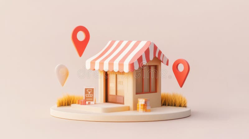 Miniature Shop Model with Location Markers Surrounded by Grass on a ...