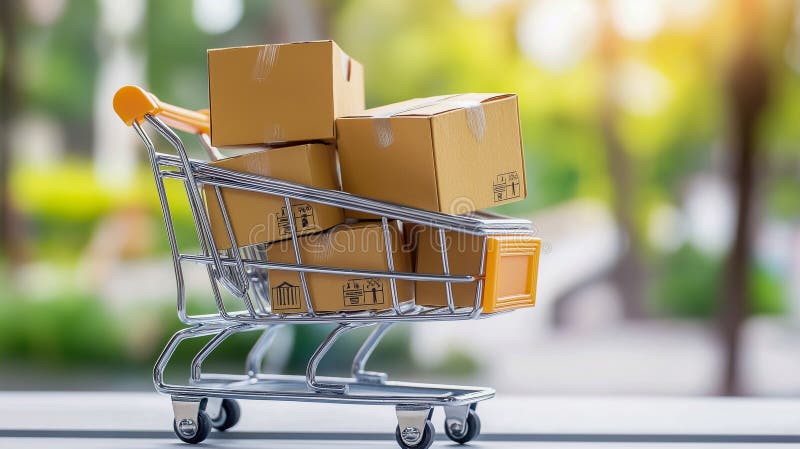 Miniature Shopping Cart with Cardboard Boxes, E-Commerce and Retail ...