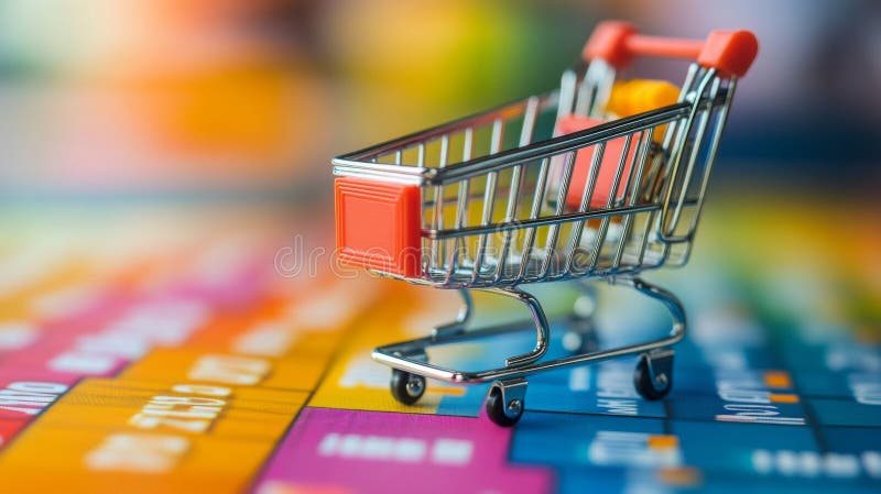 Miniature Shopping Cart on Colorful Chart Background Stock Illustration ...