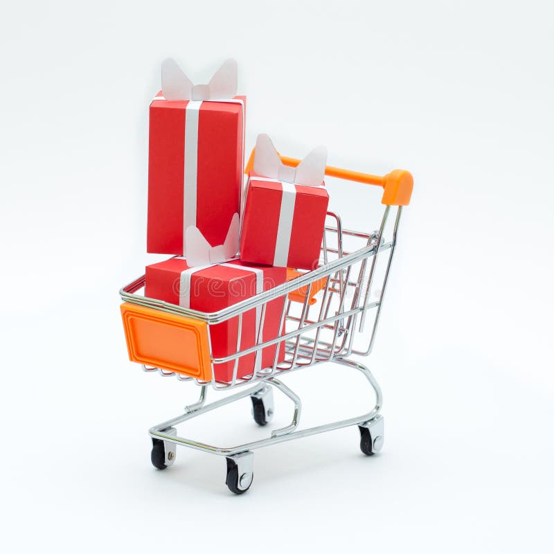 Miniature Shopping Cart with Three Red Gift Boxes Stock Image - Image ...