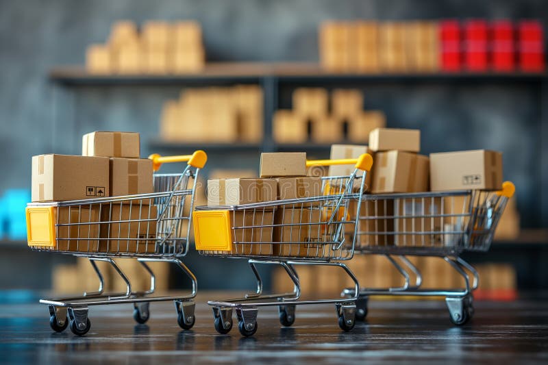 Miniature Shopping Carts with Cardboard Boxes Stock Photo - Image of ...