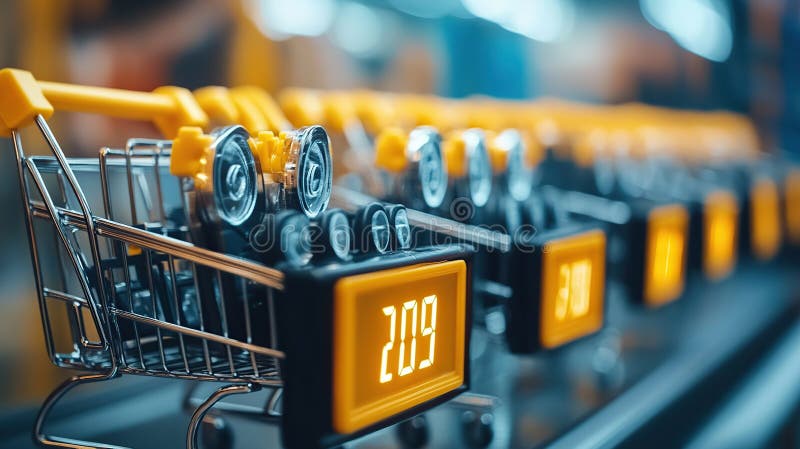 Miniature Shopping Carts with Digital Price Tags Stock Photo - Image of ...