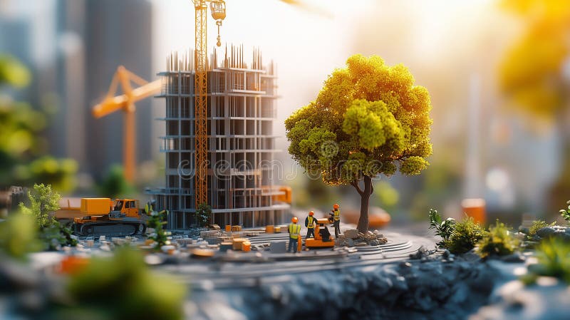 Miniature Construction Site with Building Crane and Workers Present ...