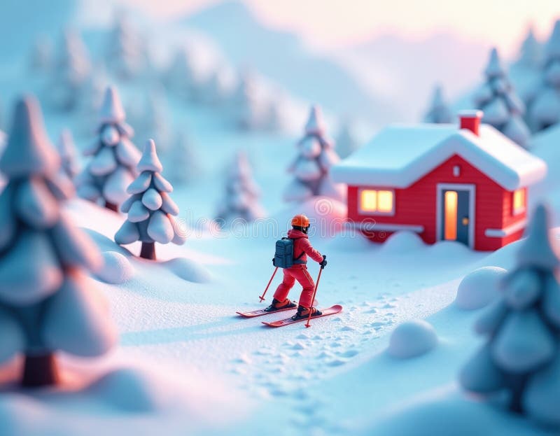 Miniature Skier Approaching Cozy Winter Cabin at Sunset Stock ...
