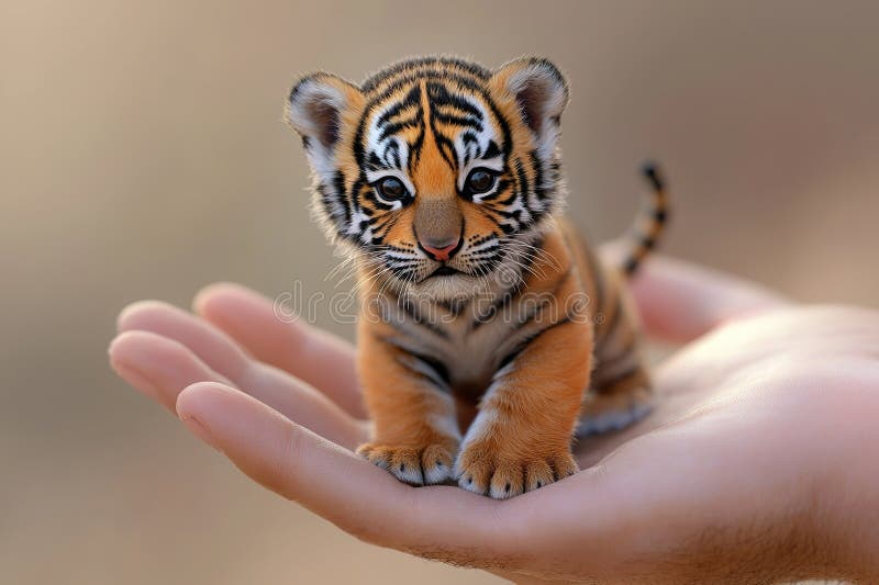 Miniature Small Baby Tiger Standing on a Palm of a Hand. Generative Ai ...