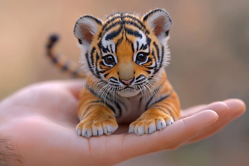 Miniature Small Baby Tiger Standing on a Palm of a Hand. Generative Ai ...