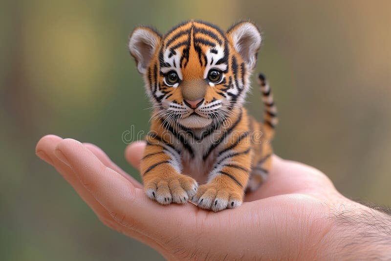 Miniature Small Baby Tiger Standing on a Palm of a Hand. Generative Ai ...