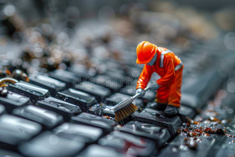 Miniature of a Small Worker in a Uniform Cleaning a Keyboard with a ...