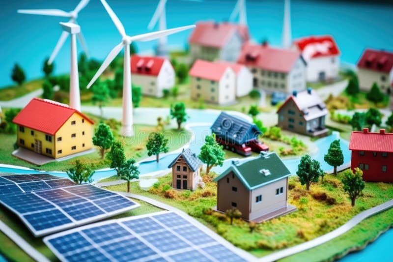 Miniature Smart Grid Model with Solar Panels and Windmills Stock Photo ...