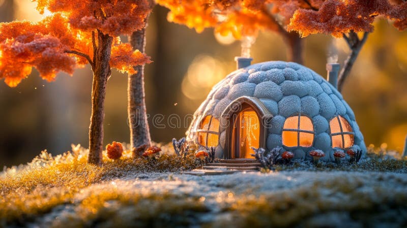 Miniature Snow Covered Dome House in Autumn Forest Stock Illustration ...