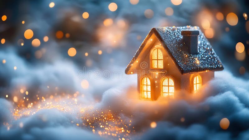 A Miniature, Snow-covered House Bathed in Warm Light, Nestled on a ...
